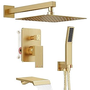 HomGoo Shower System with Tub Spout, Shower Faucet Set with 10-Inch Rain Shower Head, Handheld Shower head and Shower Faucet Trim valve, Wall Mounted Bathroom Shower Combo Set,Gold