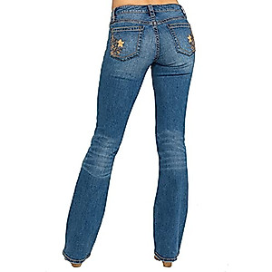 cffvdiz Bootcut Jeans for Women Mid Waist Slim Jeans Stretch Back Pocket Embroidered Bell Bottom Jeans,Blue,S