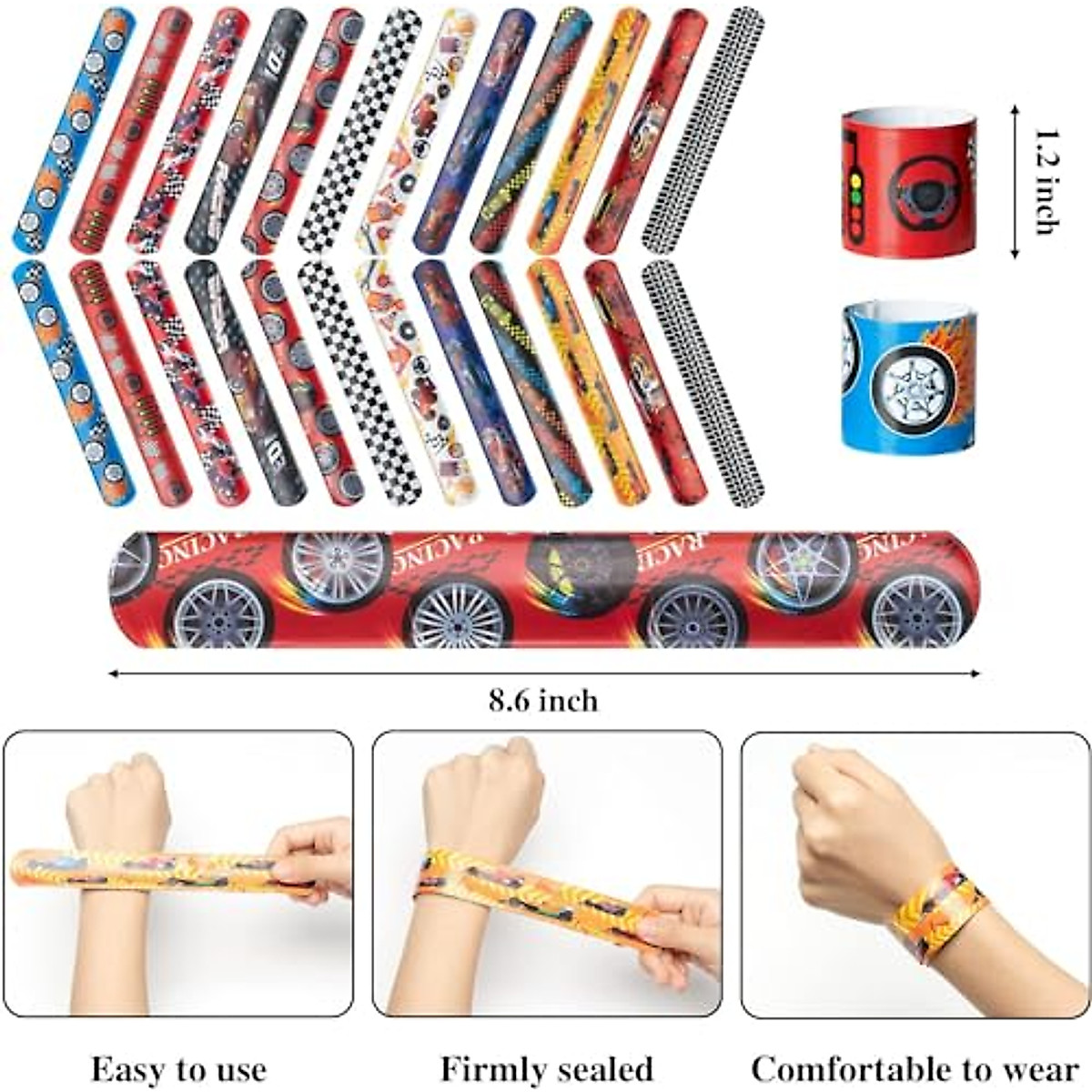 Haooryx 74PCS Racing Car Slap Bracelets 50PCS Race Car Stickers Party Favors Racing and Speed Themed Wristband Checkered Flags Slap Bracelets for Kids Car Birthday Party Classroom Rewards Supplies