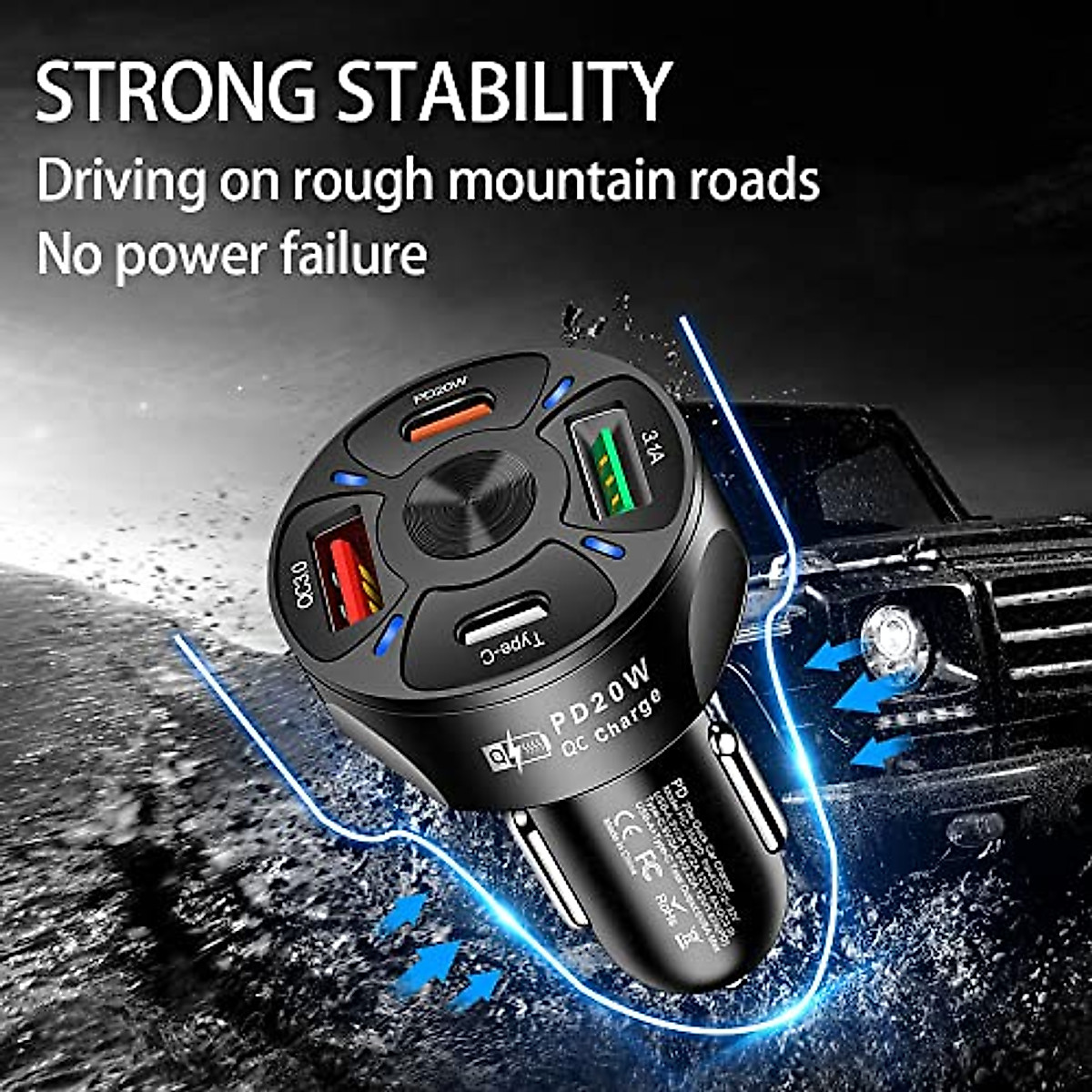 Car Charger Adapter,4 Ports USB Fast Car Charger QC3.0/PD20W/Type-c/2.1A, Smart Shunt Car Phone Charger Compatible iPhone 14 13 12 Pro Max/All Smart Phones (Black)