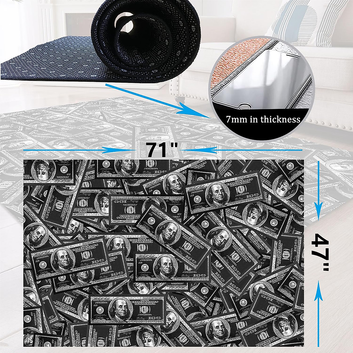 DVKKHD 100 Dollar Bill Area Rug 4x6 Black and White Living Room Rugs Non Skid Modern Money Carpet for Bedroom Cash Art Cool Rugs Room Decorations Office Entryway Dining Room Washable Rug 47”x71”