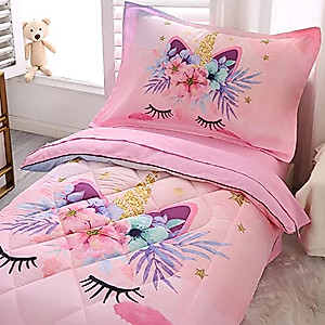 Pink Unicorn Toddler Bedding Set for Girls 4 Piece Flower Toddler Comforter Set for Kids Bed-in-a-Bag Bedspreads Quilt Toddler Bed Sheet Set with Quilted Comforter,Flat Sheet,Fitted Sheet,Pillowcase
