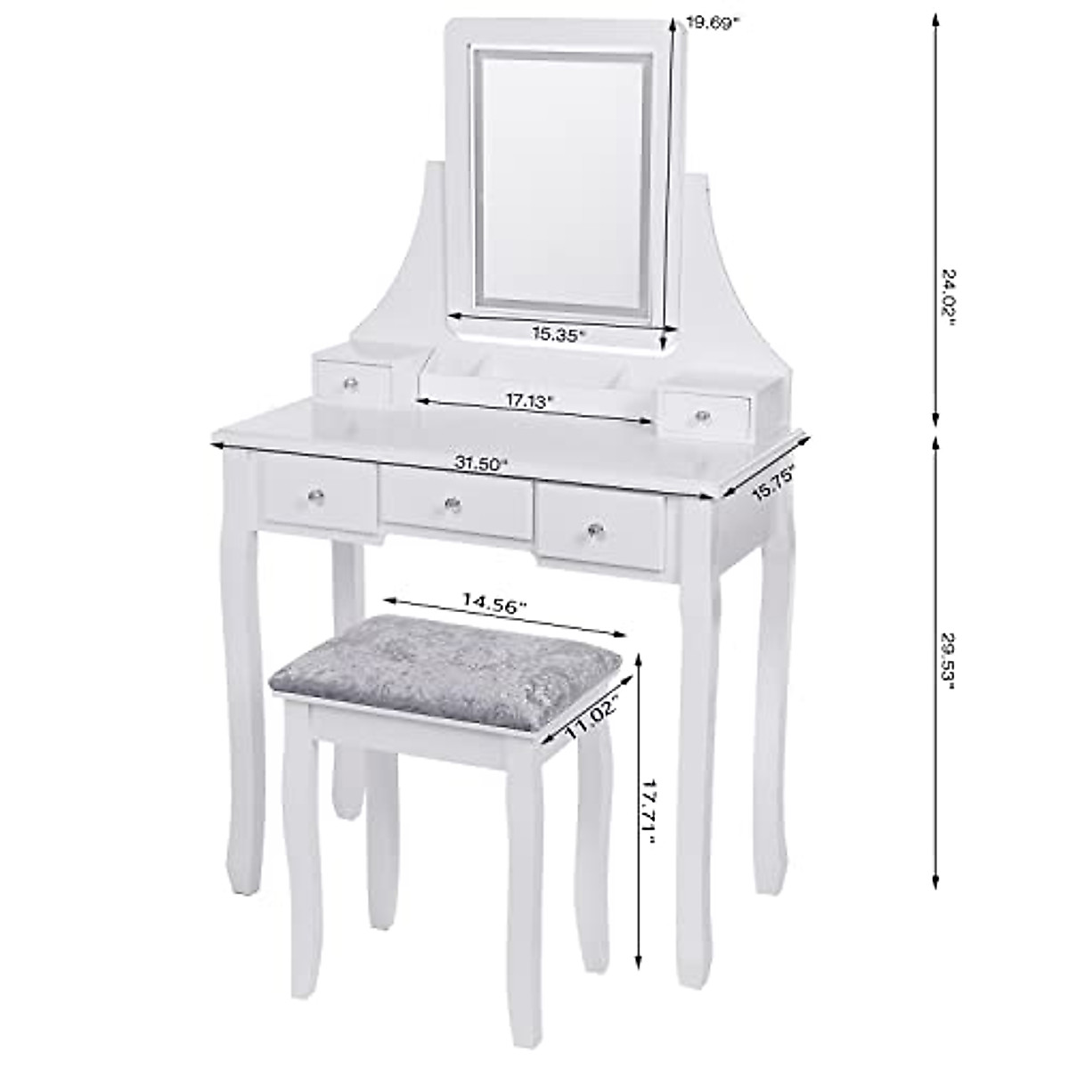 BEWISHOME Vanity Set with Lighted Mirror Dimming, Touch Screen Switch & Cushioned Stool Dressing Table Makeup Vanity Makeup Table 5 Drawers 2 Dividers Removable Organizers, Vanity Desk White FST07W