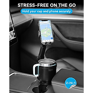 ENQINN Cup Holder Phone Mount for Car with Expandable Base, 2-in-1 Adjustable Cup Cellphone Holder Mount Compatible with iPhone Samsung Pixel and All Smartphones and Other Bottles Mugs in 3.4"-4.0"