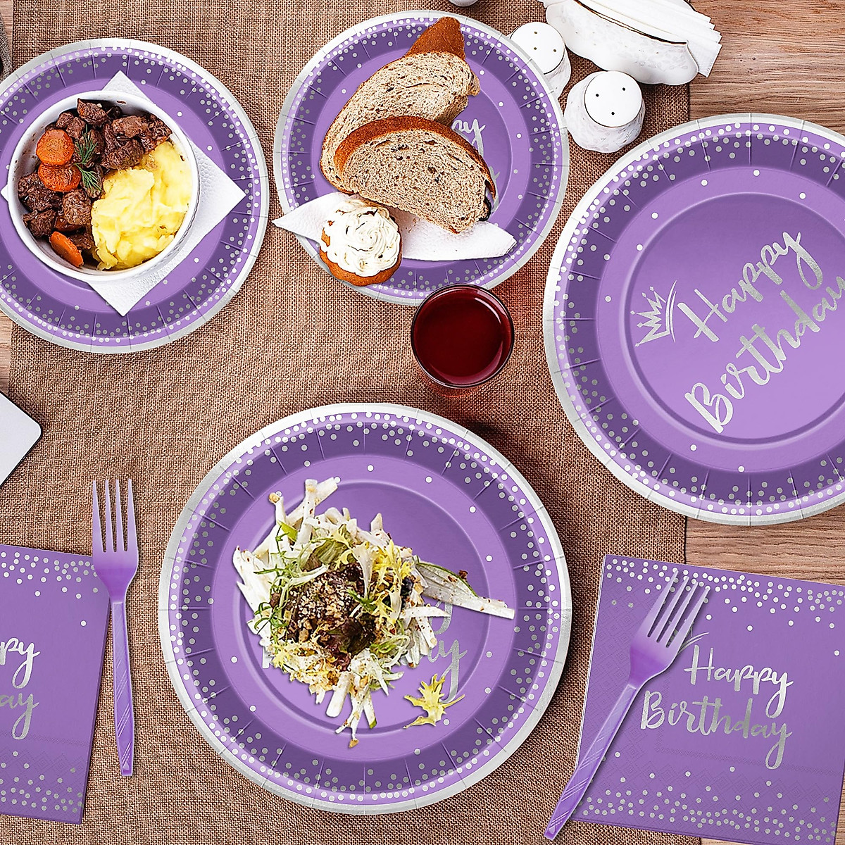 96 Pieces Purple and Silver Birthday Plates and Napkins Party Tableware Set with Happy Birthday Party Decorations,Paper Plates,Napkins and Forks for 24 Guests