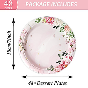 gisgfim 48 Pcs Floral Paper Plates 7" Pink Girls’ Birthday Party Disposable Dessert Plates Supplies Decorations Tea Party Plates Tableware for Wedding Baby Shower