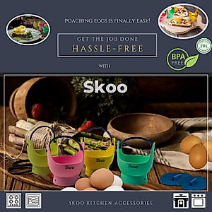 Egg Poacher - Skoo Silicone Egg Poaching Cups + Lids + Ebook - Egg Cooker Set - Perfect Poached Egg Maker - For Stove Top, Microwave and Instant Pot (Green, Red, Yellow, Turquoise, Dark Blue)