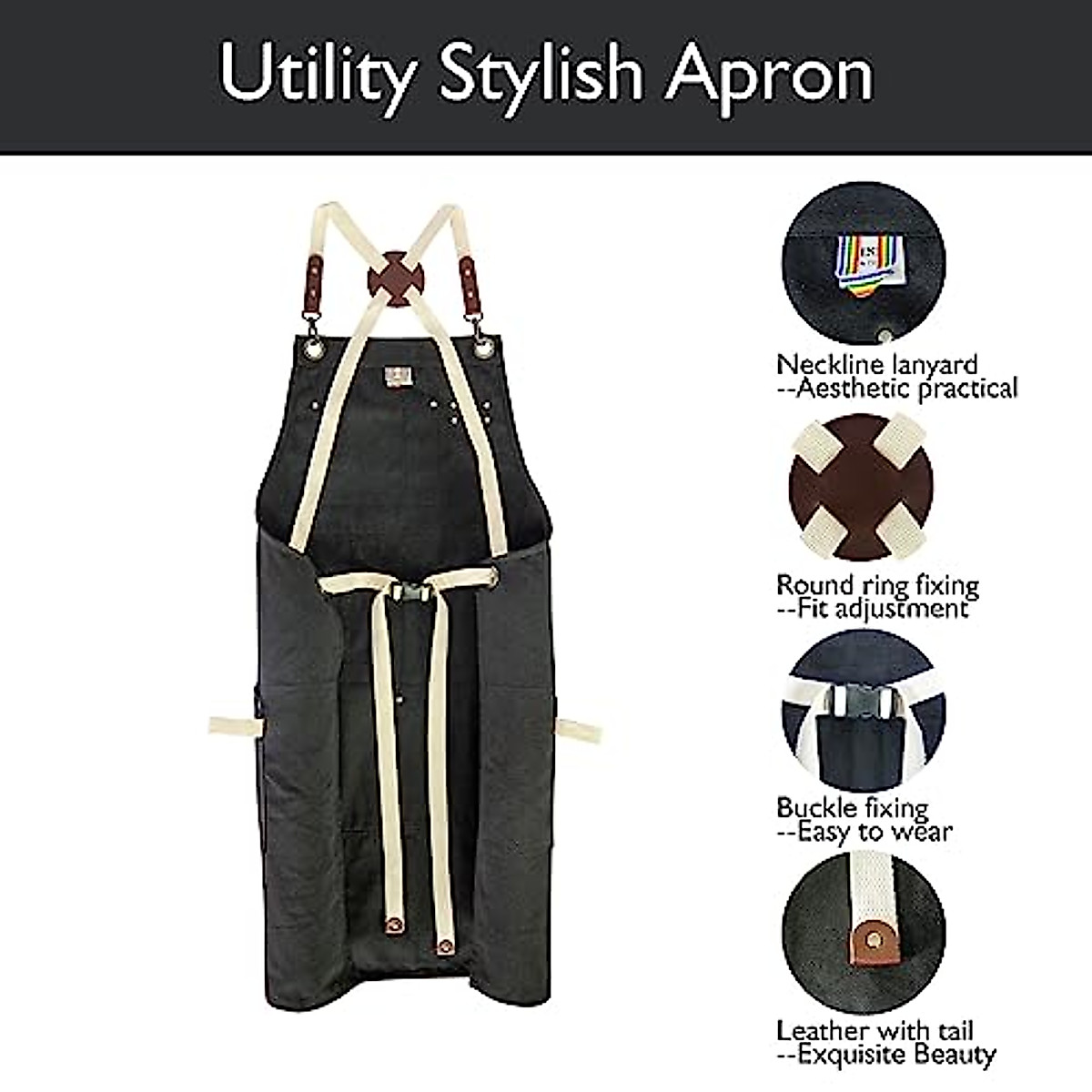 Stenffy Handmade Work Aprons,Cotton Canvas Aprons,Multiple Pockets,Adjustable Cross Back Weight Apron,BBQ,Cafe,Chef,Carpenter Apron,Aprons for Men&Women,Sizes M to XXL,Black Apron