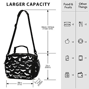 Glaphy Halloween Bats Lunch Bag Insulated Black Lunch Box Cooler Cooling Tote Food Container for Men Women Kids Adults