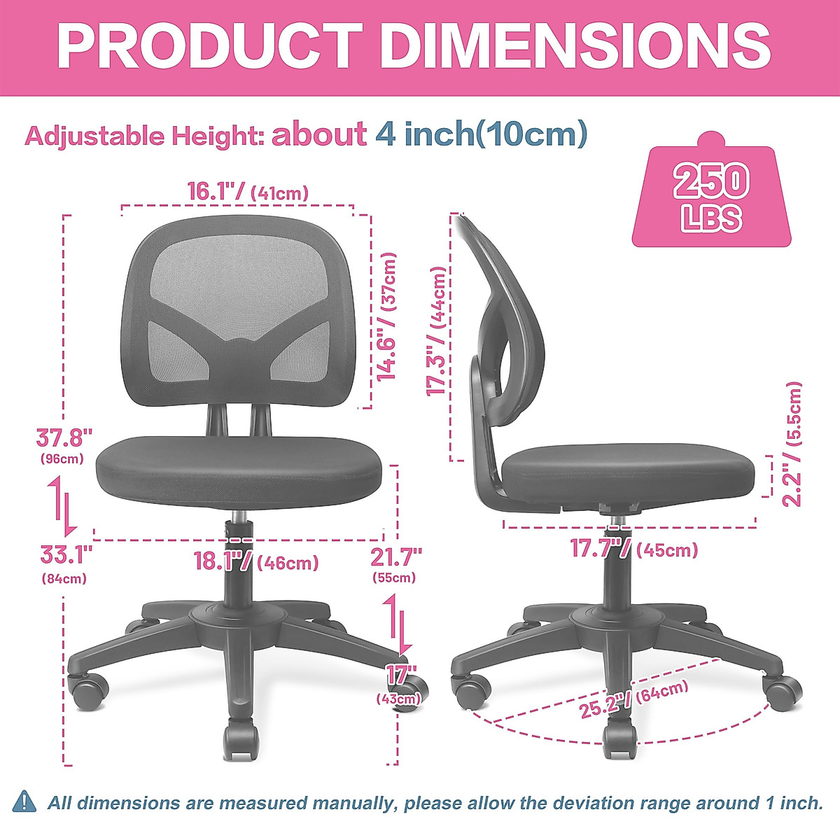 KIZECK Armless Small Office Computer Desk Chair Without Armrests Adjustable Height with Lumbar Support for Home, Mesh Back, Black