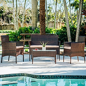 Nestl Wicker Patio Furniture Set - 4 Piece Patio Set with Patio Chairs Set of 2, Loveseat, Glass Top Coffee Table, Outdoor Furniture Sets for Backyard or Pool, Front Porch Furniture Set (Brown/Beige)