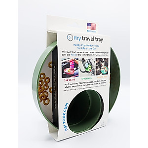 Travel Tray Round, USA Made Easily Convert Your existing Cup Holder to a Tray and Cup Holder for use in a Car Seat, Booster, Stroller, Golf Cart and Anywhere You Have a Cup Holder! - Moss Green