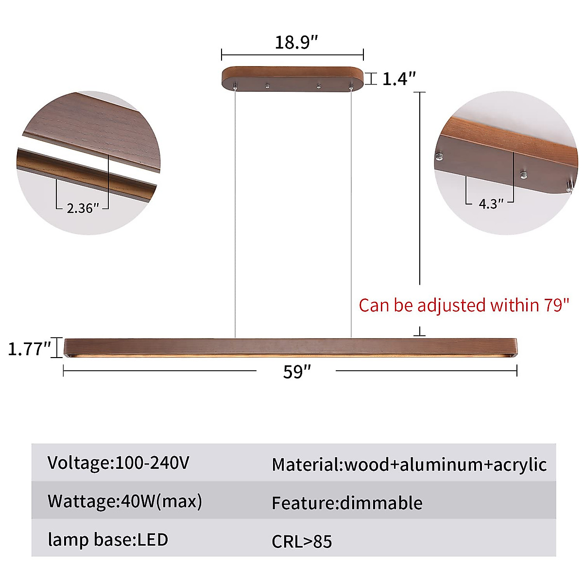 YISDESIGN 59" Wood Linear Pendant Light 40w Integrated Led Pendant Light Dimmable Ceiling Pendant Hanging Light Adjustable Billiard Pool Table Lights for Dining Room Kitchen Island Walnut Color