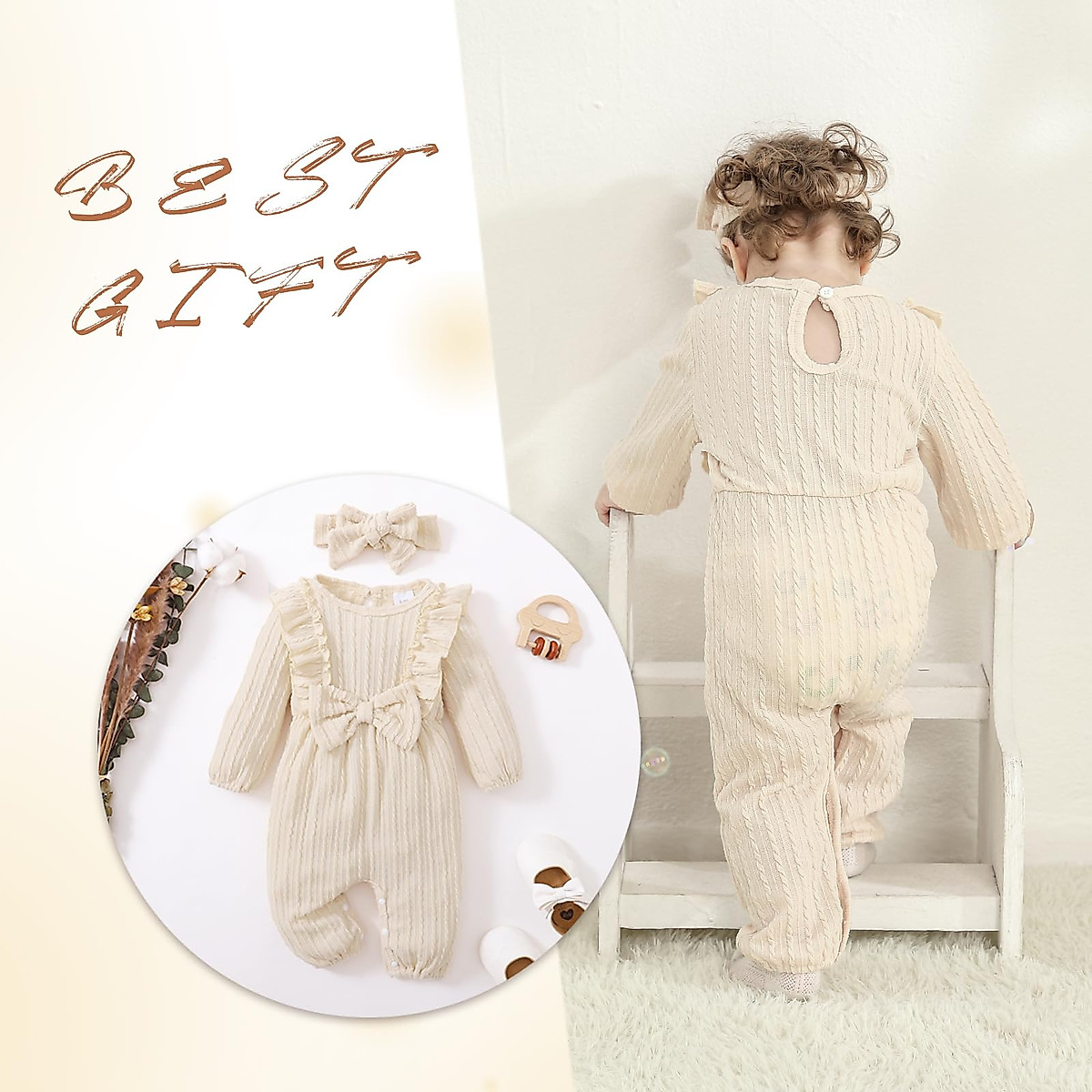 Happy Town Baby Girl Romper Infant Fall Winter Clothes Ruffle Sweater Long Sleeve Bodysuit Jumpsuit and Headband (Beige, 3-6 Months)