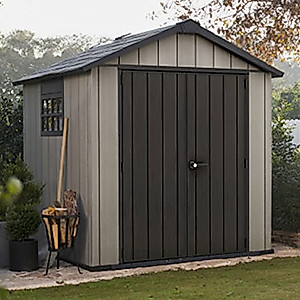 Keter Oakland 7 Foot x 7.5 Foot Outdoor Garden Tool Storage Shed Shelter with Windows, Planter Boxes, Lockable Door, and Built in Ventilation, Gray