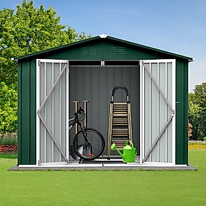 Jintop 6x8 FT Outdoor Storage Shed with Punched Vents and Hinged Door/Padlock,Metal Aluminum Garden Sheds w/Waterproof Roofs,Easy to Assemble,for Bike, Barbeque,Tool,Green+White