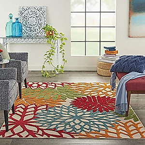 Nourison Aloha Indoor/Outdoor Green 5'3" x 7'5" Area-Rug, Tropical, Botanical, Easy-Cleaning, Non Shedding, Bed Room, Living Room, Dining Room, Deck, Backyard, Patio (5x7)