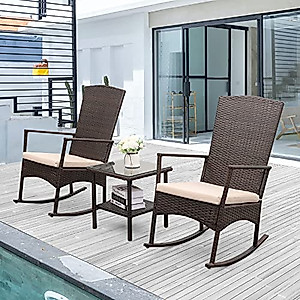 Outdoor PE Wicker Rocking Chair 3-Piece Patio Rattan Bistro Set 2 Rocker Armchair and Glass Coffee Side Table Furniture Washable Lacing Khaki Cushions