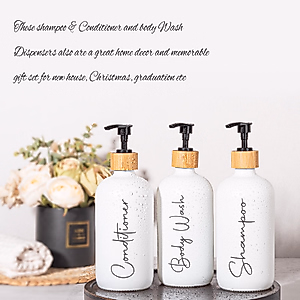 Glass Shampoo and Conditioner Pump Bottles Soap Dispenser Bamboo Pump Head Empty Glass Refillable Shampoo Conditioner Body Wash Soap Bottles for Bathroom, 17 oz, 3 Pack, White