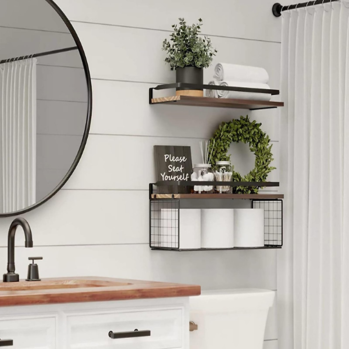 2Pcs Wall Mount Wooden Floating Shelves Metal Wire Mesh Basket Large Capacity Bathroom Shelves Over Toilet Storage Holder Organizer Rack for Bathroom, Kitchen, Living Room, Wall Decor Light Brown