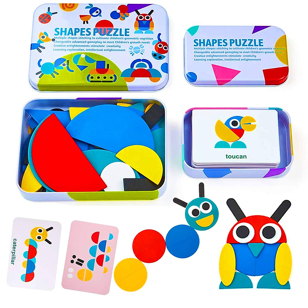 Shape Puzzle - Animals Jigsaw Puzzle Sorting and Stacking Games Montessori Educational STEM Toys for Toddlers Kids Boys Girls Age Over 3 Years Old (36 Shape Pieces & 60 Design Cards)