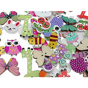 Kinteshun Wooden Buttons Natural Wood 2-Holed Fastener Buttons for Sewing Knitting Handcraft(100pcs,Assorted Cartoon Animals Printing Patterns)
