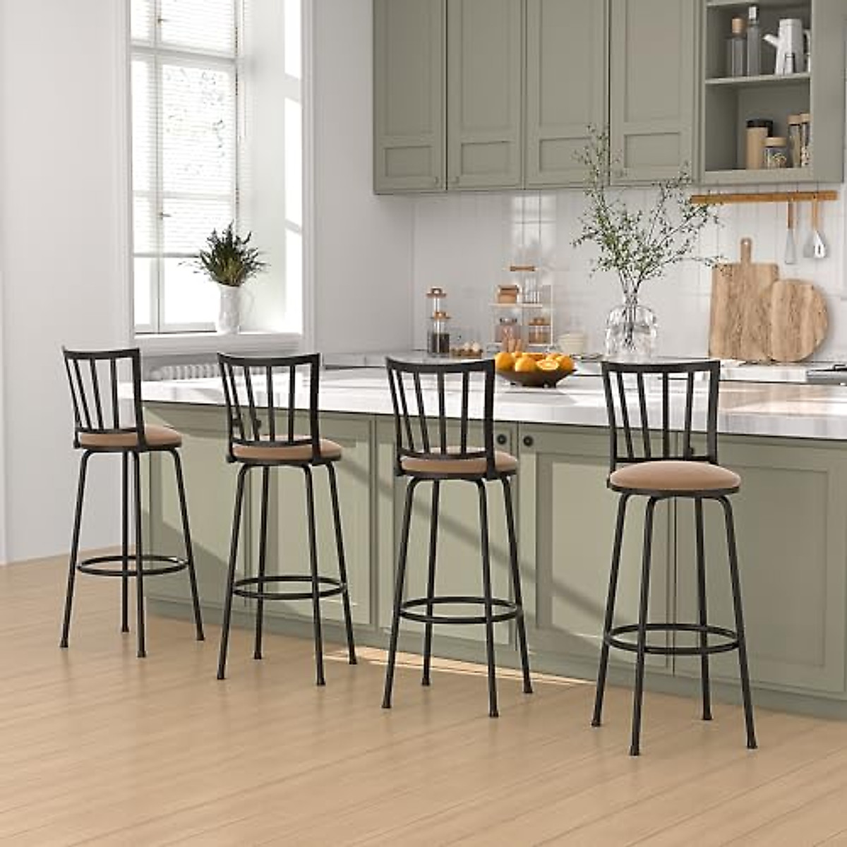 VECELO Barstools, Adjustable Counter Stools, Steel Bar Stools with 360 Degree Swivel Seat and Upholstered, Straight Line Backrest, 4 Packs