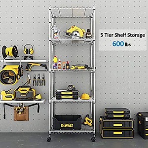 Devo 5-Tier Shelf Shelves for Storage, Wire Shelving Storage Racks, Heavy Duty Shelving, Adjustable Metal Shelf for Garage, Pantry, Kitchen, Side Hooks, Silver(14" D x 24" W x 71" H)