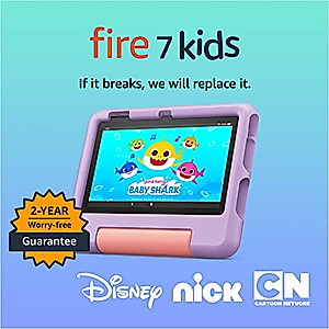 Amazon Fire 7 Kids tablet (newest model) ages 3-7. Top-selling 7" kids tablet on Amazon. Includes 6 months of ad-free and exclusive content, easy parental controls, 10-hr battery, 16 GB, Purple