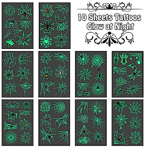 Cerlaza 10 Sheets Glow Spider Web Temporary Tattoos for Halloween Decorations, Fake Small Spider Tattoos for Halloween Party Games Favors, Halloween Treats Gifts for Adults Kids