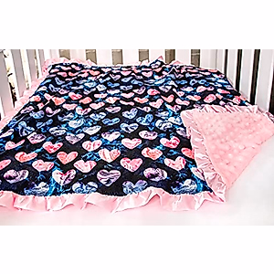 Top Tots Baby Blanket - Small Colored Hearts with Pink Minky Dot & Satin Ruffle, 31 x 31 Inch Blue