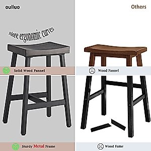 OUllUO Black Gray Bar Stools Set of 2, Backless Saddle Barstools, 25" Counter Height Bar Stools, Gray Solid Wood Counter Stools with Metal Frame for Kitchen Island, 521P-BGWD
