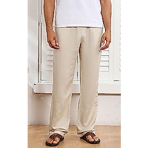 Soojun Mens Linen Pull on Pants with Elastic Waist Casual Yoga Pants, Khaki, Medium/32 Inseam