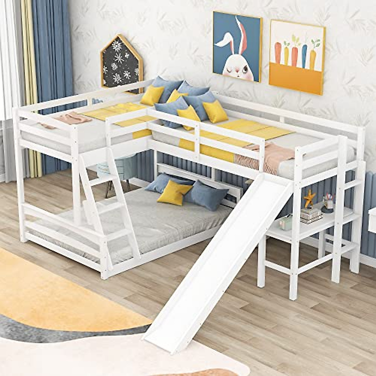 Merax Wood L-Shaped Bunk Bed with a Loft Attached, Triple Bedframe with Desk, Slide, and Guardrails, Twin Over Full, White