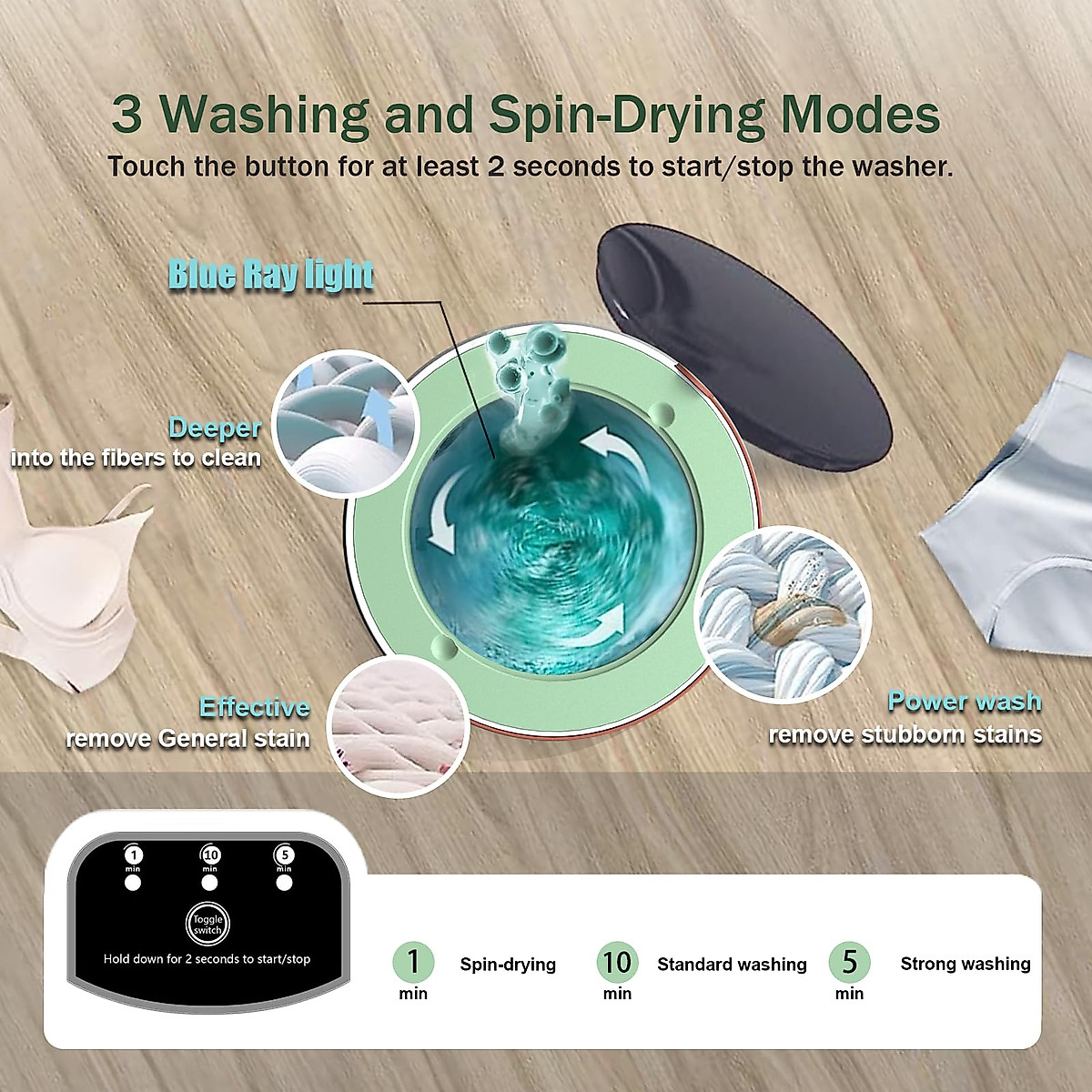 Portable Mini Washing Machine, 9 Litre Large Capacity Mini Washer for Underwear, Foldable Washing Machine with Upgraded Capacity and Round Body for Baby Clothes,Pet Garments or Other Small Items.Green