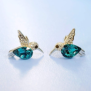 Jewever 925 Sterling Silver Hummingbird Ear Studs Blue Cubic Zirconia Earrings for Women Jewelry Gift Golden