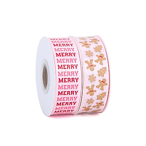 Meseey Gingerbread Ribbon 7/8 Inch 20 Yards Pink Merry Christmas Candy Cane Fabric Craft Ribbon for Christmas Gift Wrapping Wreath Bow DIY Crafts Supplies (Pink Merry Gingerbread)