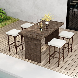 Tangkula Patio Wicker Bar Stools Set of 4, Patiojoy Outdoor Bar Height Chairs w/Seat Cushions & Footrest, Heavy-Duty Metal Frame, 400 lbs Load Bearing, Backless PE Rattan Bar Chairs
