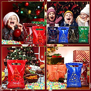 Hotop 150 Pcs Christmas Treat Bags Christmas Tree Goodies Bags Bulk Plastic Candy Treat Snacks Bags with Handles for Holiday Cookie Goody Gift Merry Christmas Party Favor Supplies, 6 Styles