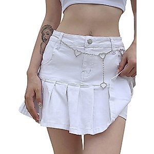 Yeokou Women's Casual Slim A-line Pleated Ruffle Short Mini Denim Skirts(ITE-M) White