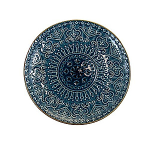 Elama Round Stoneware Embossed Dinnerware Dish Set, 16 Piece, Sea Blue with Brown Trim