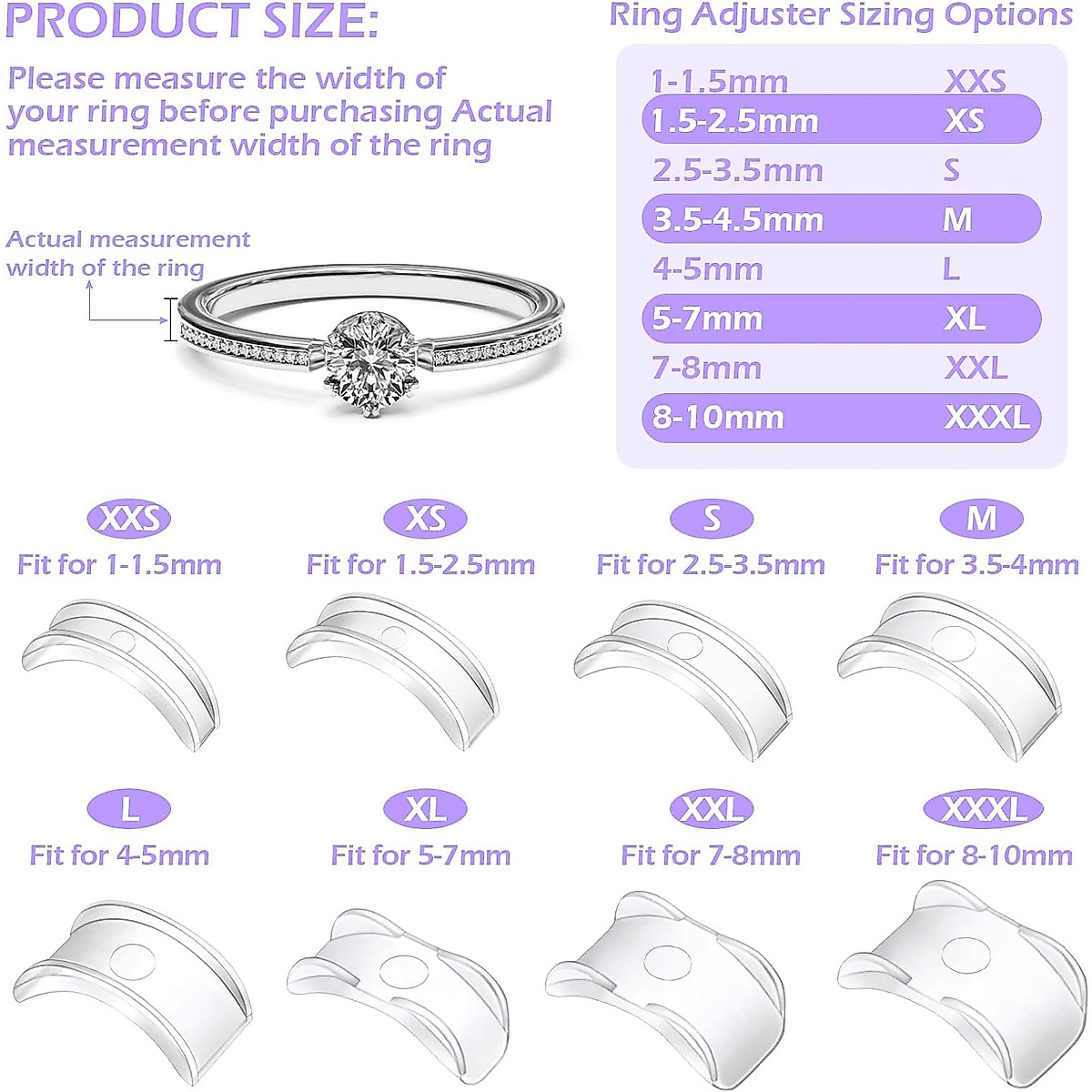 100 Pcs Ring Size Adjuster with Ring Size Measuring Tool for Loose Rings, Plug-in Invisible Ring Spiral Silicone Tightener EVA Foam Ring Size Adjuster Set with Polishing Cloth Fit Any Rings Sizes.