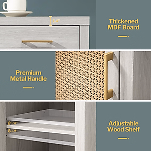 SICOTAS Tall Nightstands with Drawer, Modern Farmhouse Night Stand Wood Bedside Tables with Gold Mesh Door Adjustable Storage Shelf, Side End Table for Bedroom Living Room, Whitish-Gray Oak