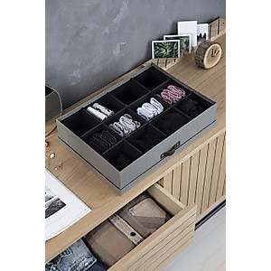 Bigso Box of Sweden Small Storage Box with 12 Compartments and Leather Handle - Fabric Storage Organiser for Shelves or Drawers - Drawer Organiser for Underwear, Socks, Jewellery, etc. - Grey