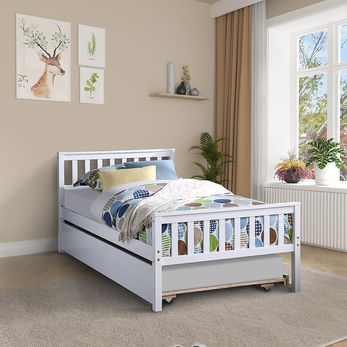 Twin Bed with Pull out Trundle, Modern Pine Wood Platform Bed with Headboard and Footboard, Trundle Bed Frame for Bedroom, Small Living Space, Boys, Girls, Adults, No Box Spring Needed, White