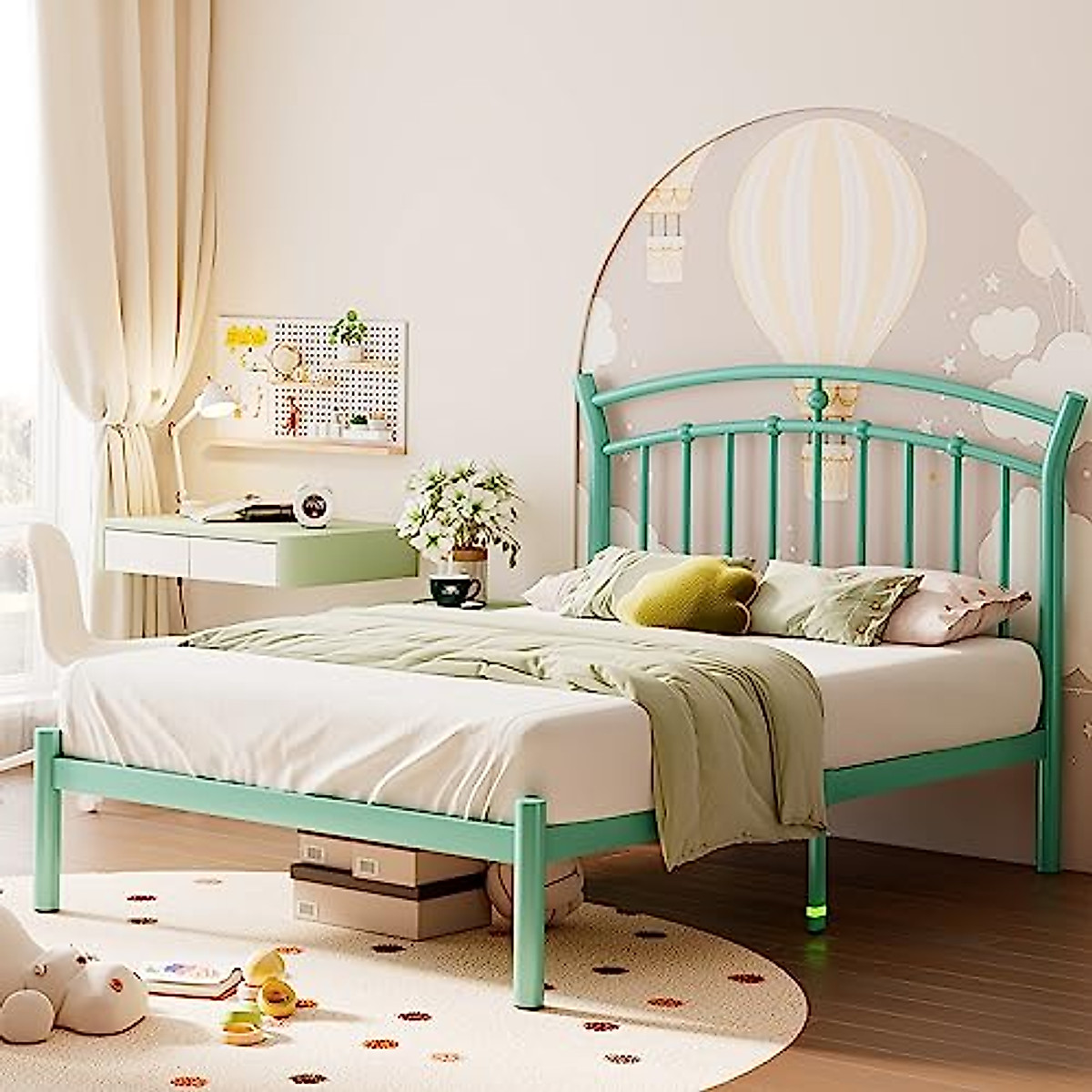 Feonase Twin Size Metal Platform Bed Frame with Retro Headboard, Hardened Steel Tube, 12" Under-Bed Storage, No Box Spring Needed, Easy Assembly, Mint Green