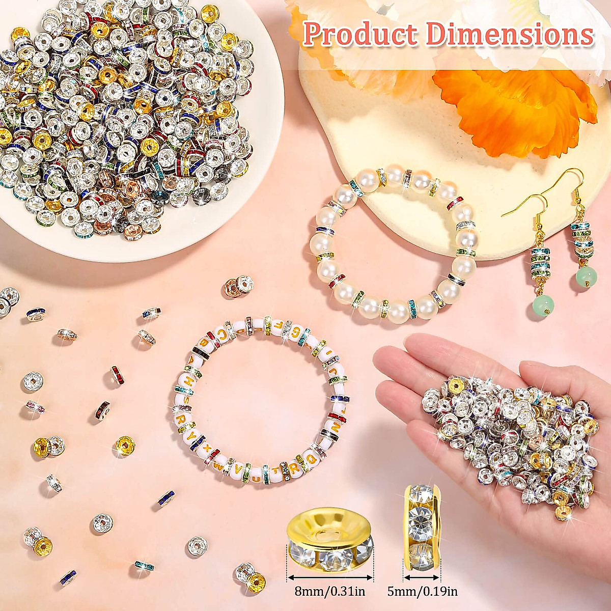 900 Pieces Rondelle Spacer Beads for Jewelry Making, 8mm Rhinestone Spacer Beads Crystal Bead Spacers for Bracelets, Focal Beads for Pen, 15 Colors