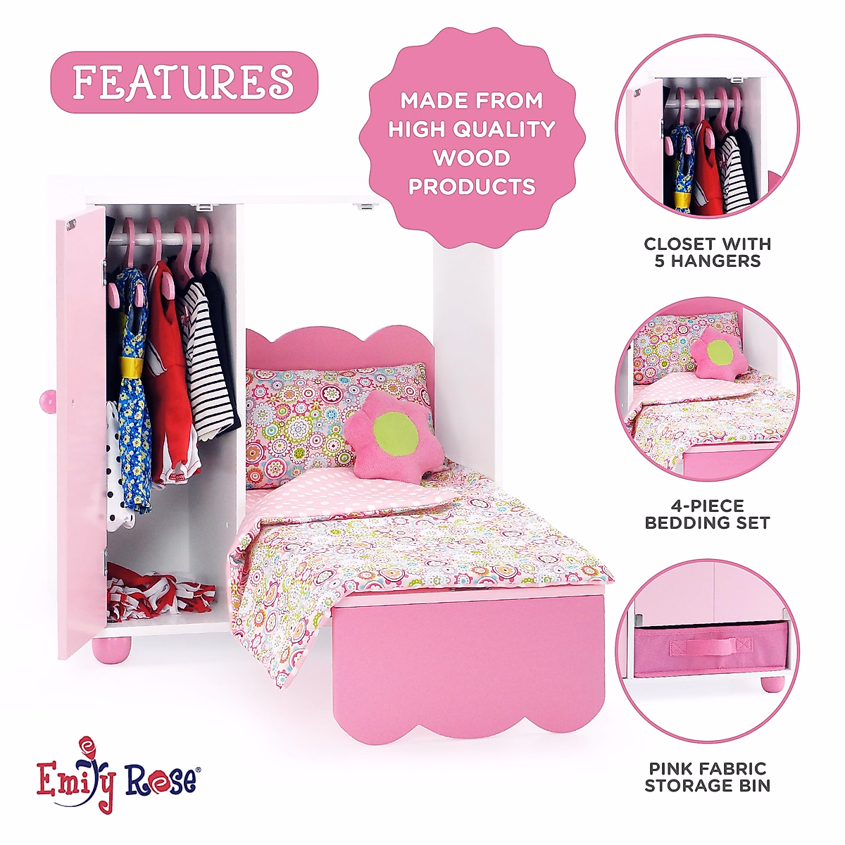Emily Rose | USA Business | Space Saving 18 inch Doll Murphy Bed Furniture Closet Value Set, with 5 Hangers & Clothes and Accessories Storage Bin | Mom's Choice Award Winner! | Fits 14-19 inch Dolls