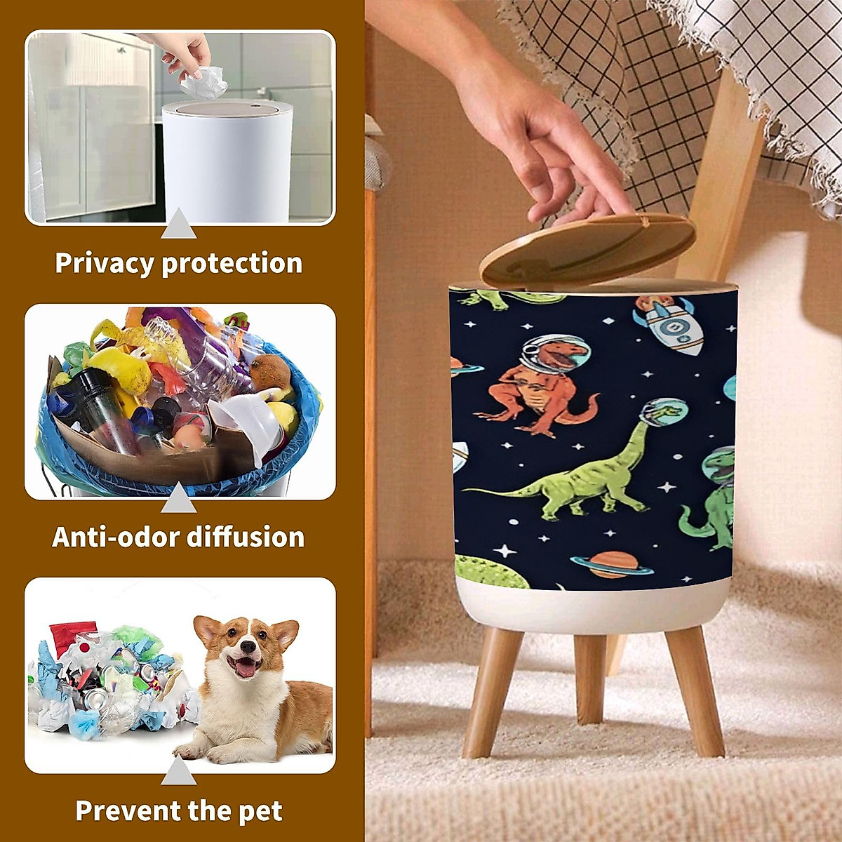 Trash Can with Lid Dinosaurs space seamless pattern Hand drawn dinosaur cartoons space Garbage Can Round Waste Bin Press Cover Dog Proof Wastebasket for Kitchen Bathroom Living Room Nursery 1.8gal