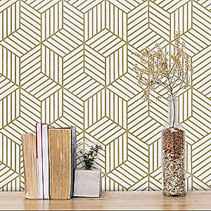 Gold and White Geometric Wallpaper Peel and Stick Wallpaper Hexagon Removable Self Adhesive Wallpaper Gold Stripes Geometric Paper Vinyl Film Decorative Shelf Drawer Liner Roll Waterproof 17.7”×118”